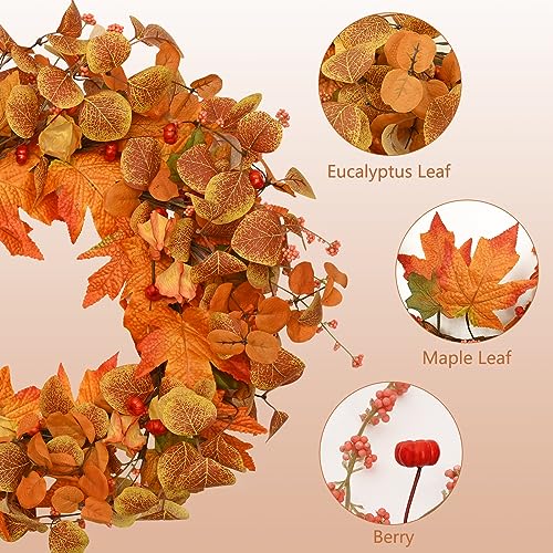 Fall Decor - Fall Wreaths for Front Door - 20 Inch Fall Door Wreath with Bowknot, Artificial Eucalyptus Wreath with Pumpkin Golden Berries Maple Leaves for Thanksgiving Farmhouse Decor