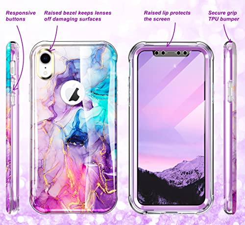 Hocase for iPhone XR Case, (with Built-in Screen Protector) Shockproof Soft TPU+Hard Plastic Rugged Slim Cute Stylish Full Body Protective Case for iPhone XR 6.1" 2018 - Watercolor Marble