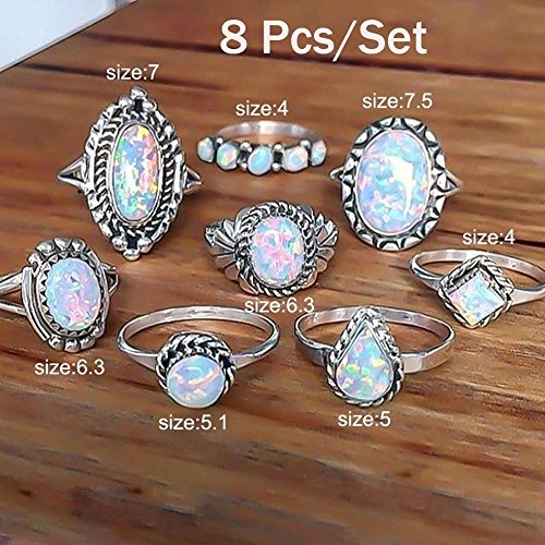 Chunky Rings Set 8Pcs Rings Set Natural Gemstone Fire Opal Diamond Ring Wedding Engagement Jewelry Retro Party Band Rings Rose Gold Silver