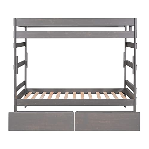 Flieks Twin Over Twin Wood Bunk Bed with 2 Drawers, Gray