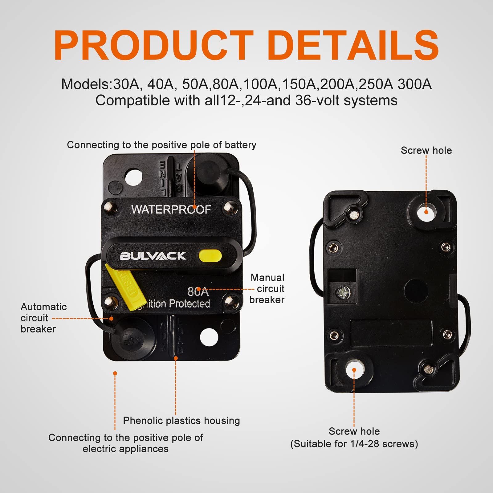 BULVACK 150 Amp Circuit Breaker with Manual Reset for Car Marine Trolling Motors Boat ATV Manual Power Protect for Audio System Fuse, 12V-48V DC (150A)