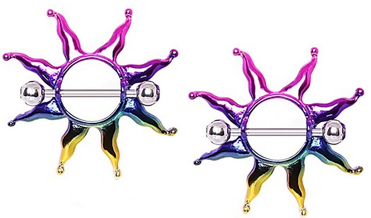 Body Accentz Nipple Rings PVD Plated Rainbow Sunburst Nipple Shield Bar Pair