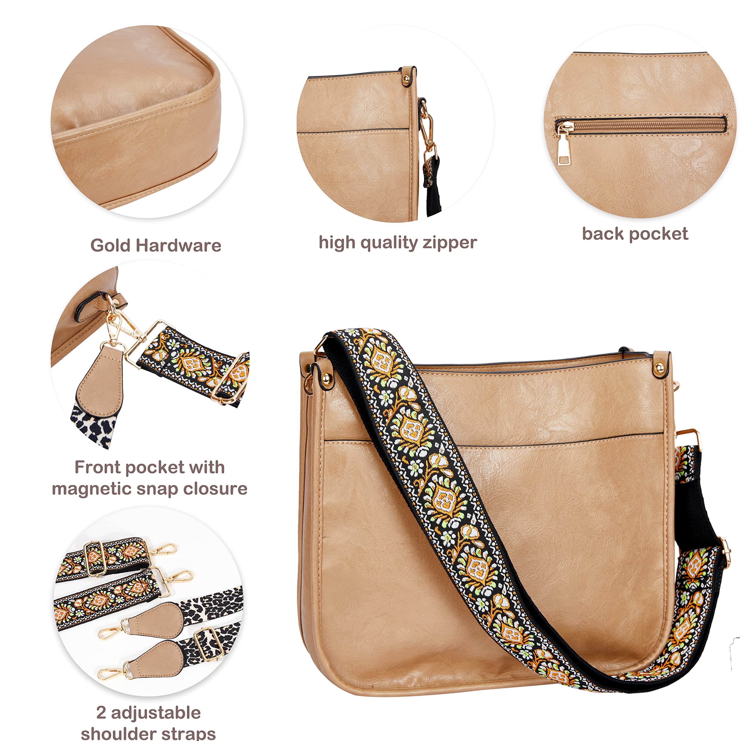 Cross Body Bag Purses for Women with Guitar Strap, Trendy Vegan Faux Leather Shoulder Bag Designer Handbag with 2 Strap (Khaki)