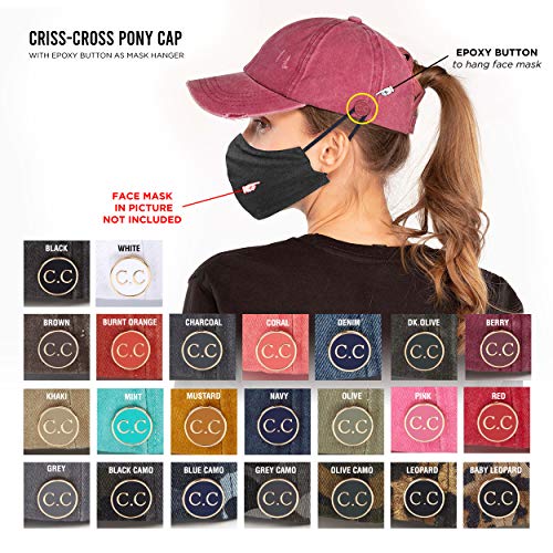 C.C Washed Denim Criss-Cross Ponytail Cap Epoxy Button for face mask (Face Mask not Included) (BT-799) (Black Camo)