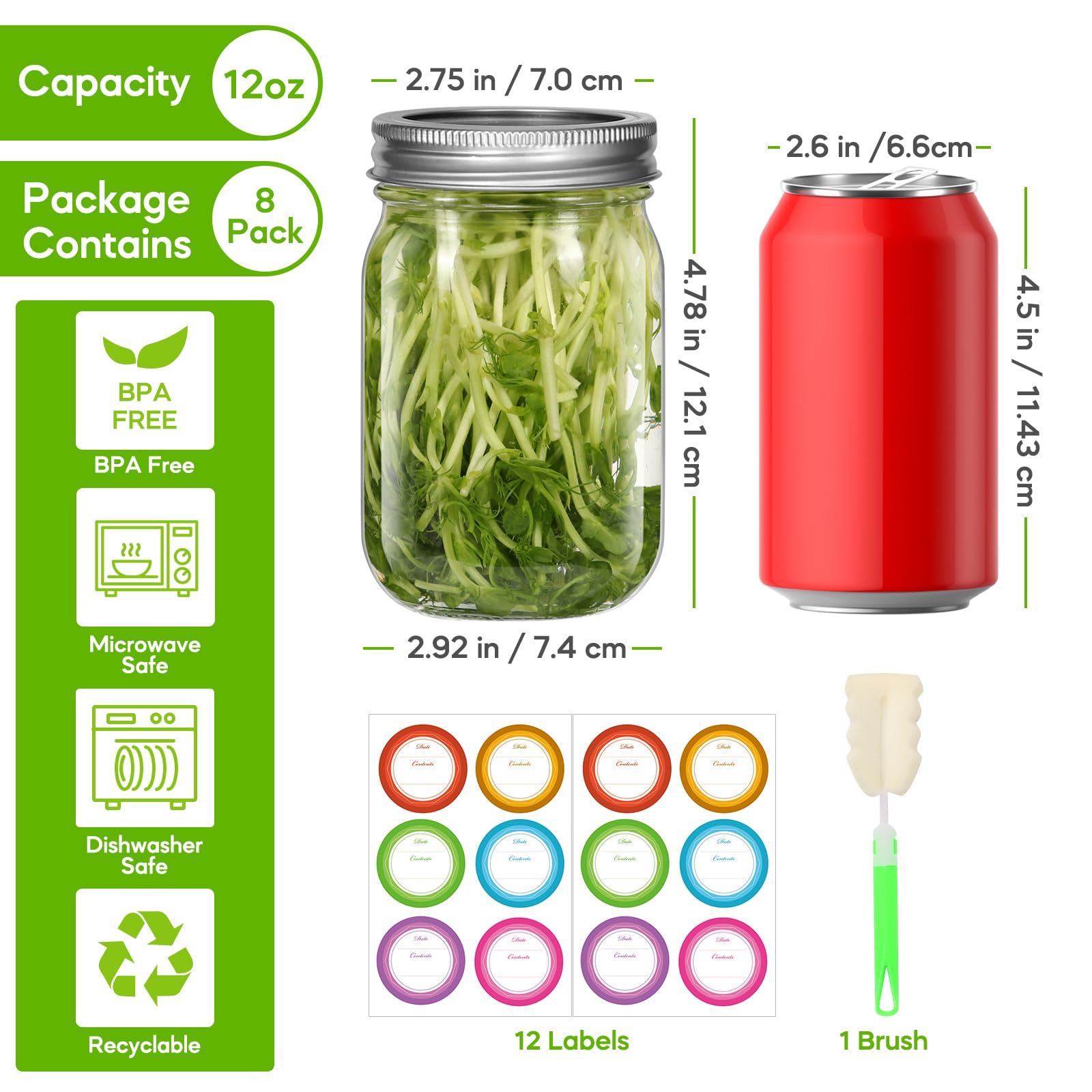 Homerove 12 oz Glass Regular Mouth Mason Jar with Airtight Lid, 8 Pack Canning Jars, 8 Split-Type Lids&8 Single Lids Included, Clear Glass Jars for Canning, Meal Prep, Candies, DIY Projects
