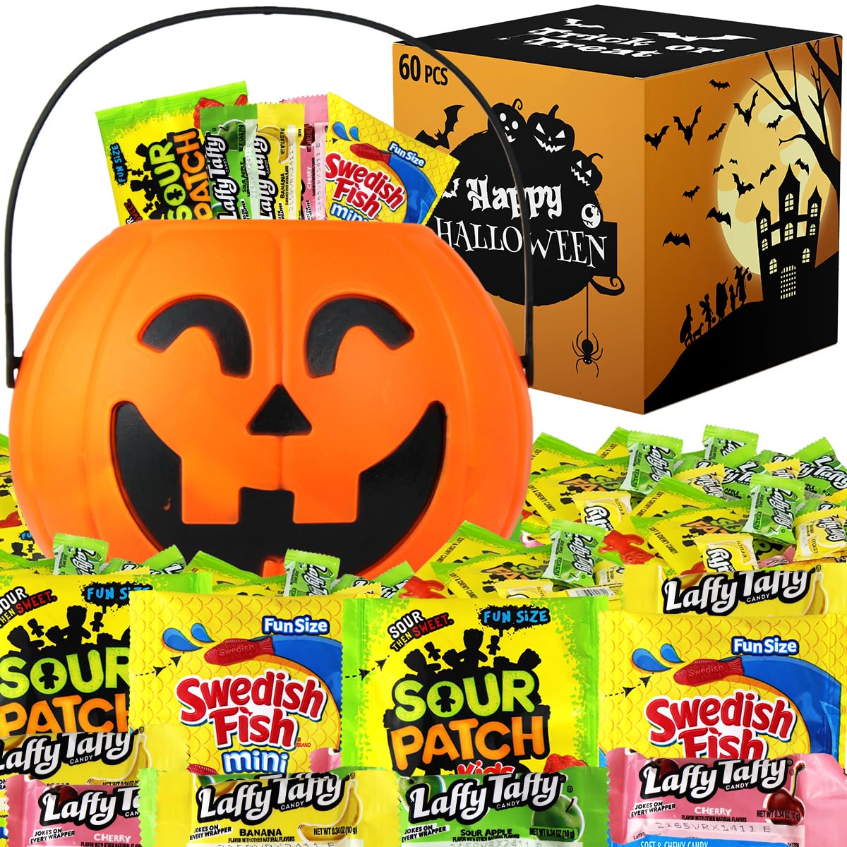 Candy Mix Halloween Pumpkin Candy Bucket Filled with Assorted Candies - Spooky 60ct Already Filled Treats Halloween Candy Gift with Individually Wrapped Candy Sweets for Kids, 26oz of Bulk Pack