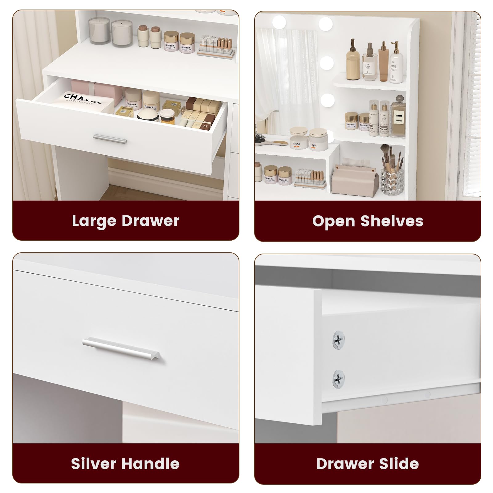 FGNTWP Makeup Vanity Desk with Mirror, 10 Lights, 5 Drawers, 3 Storage Shelves, 3 Color Modes & Adjustable Brightness Dressing Table, 35.4β Desk, White
