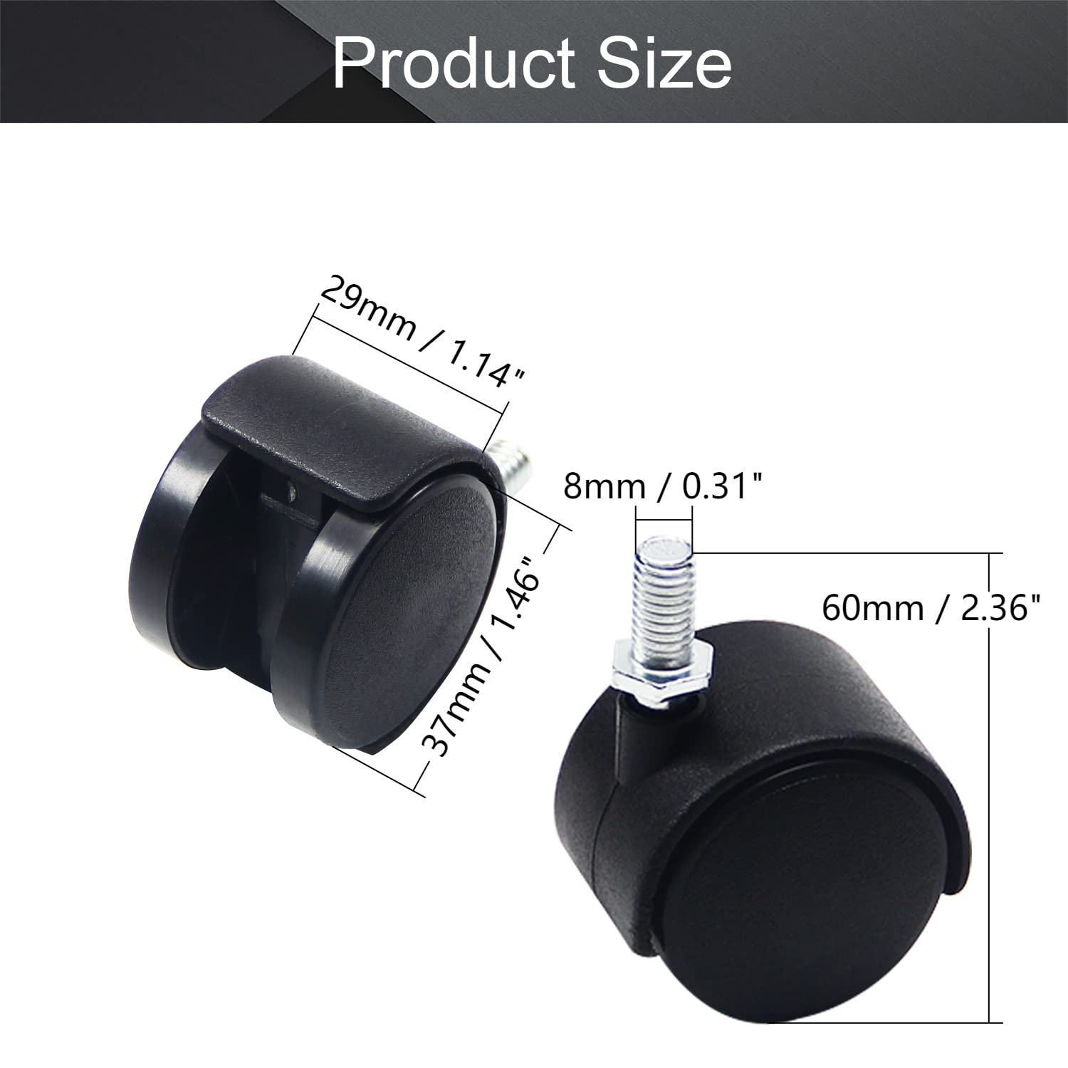 Caster Furniture,Rubbered Trolley Wheels , Castor Wheels,Furniture Casters,1.25 Inch 360 Degree Threaded Stem Caster Wheel, M8 x 13mm Black Tone 4pcs