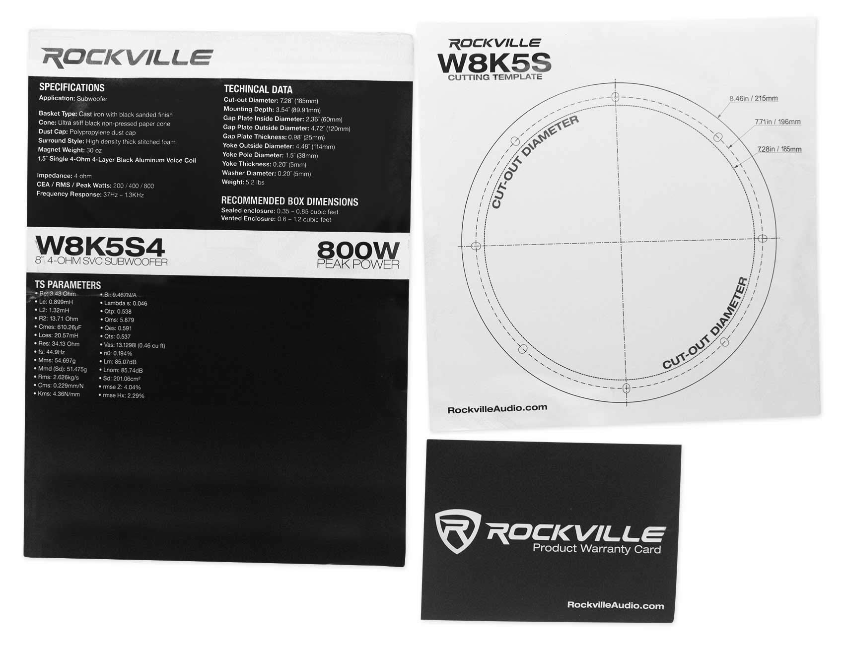 Rockville K5 W8K5S4 8" 800w 4 Ohm Car Audio Subwoofer Sub 200w RMS CEA Rated!, Black