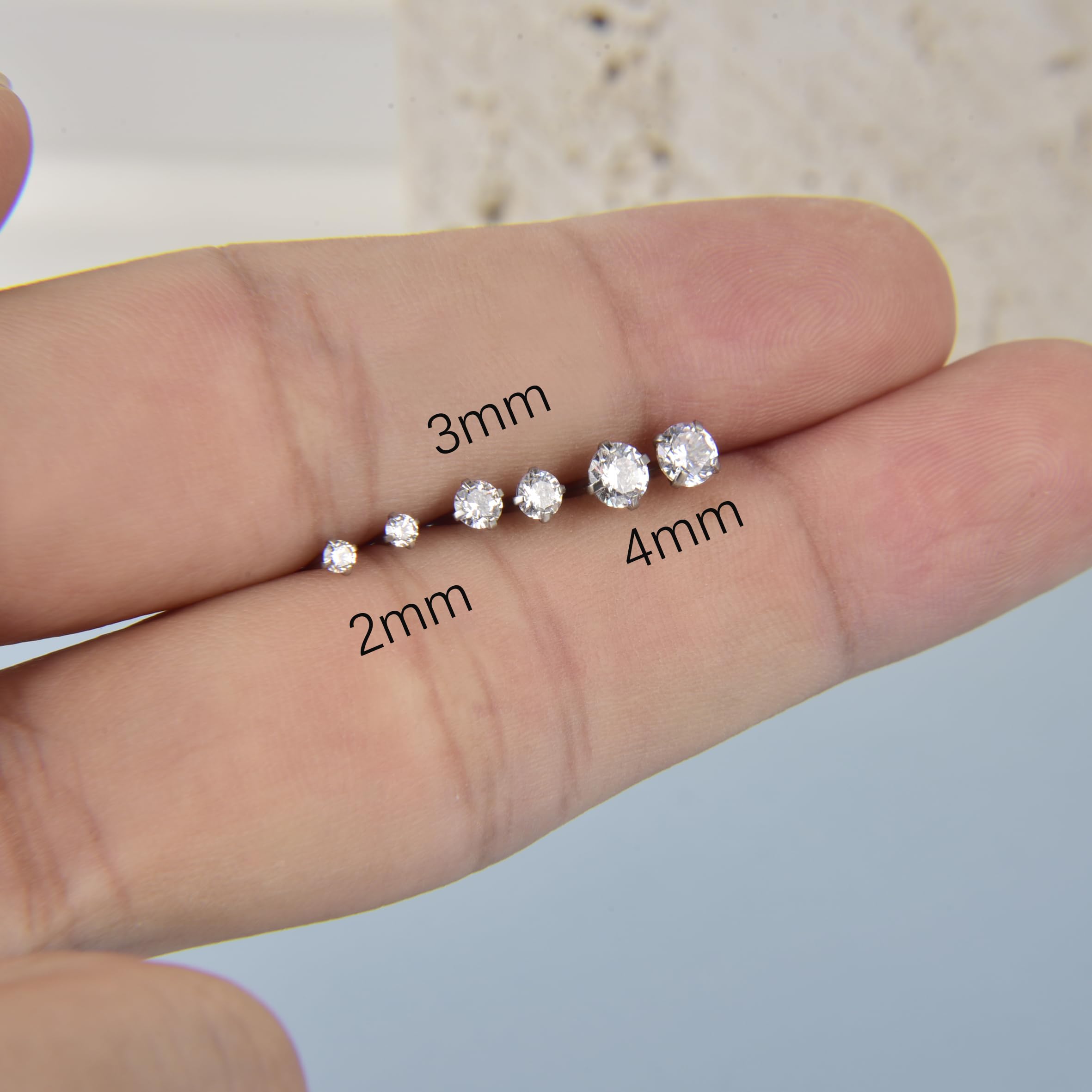CANDYFANCY 16g 2/3/4mm Cubic Zirconia Triple Forward Helix Ear Cartilage Tragus Studs Earrings Lip Piercing 16 gauge (2mm stone, 6mm Length, 2pcs)