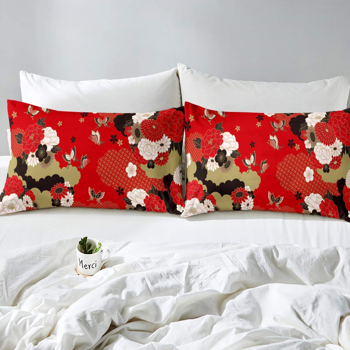 Erosebridal Japanese Style Bedding Set Butterfly Duvet Cover, Retro Flower Comforter Cover Romantic Garden Style Bedspread Cover, Red Decorative 3Pcs Queen Size, Bedding Collection