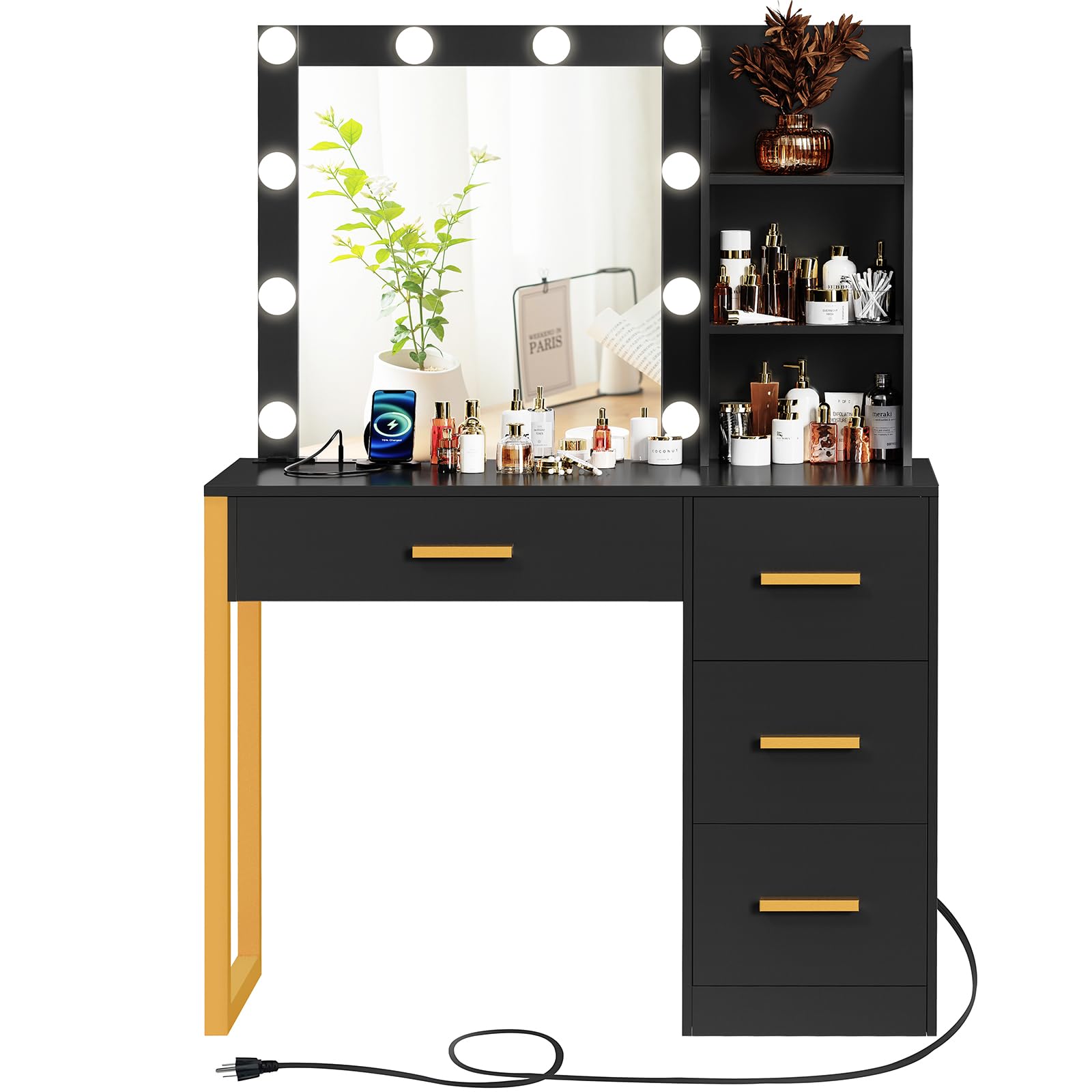 FIONESO Makeup Vanity Desk with Mirror & Lights, Vanity Desk with 4 Drawers & Charging Station, Dressing Vanity Table with Open Storage Shelves, 3 Color Modes, Vanity Table for Bedroom, White