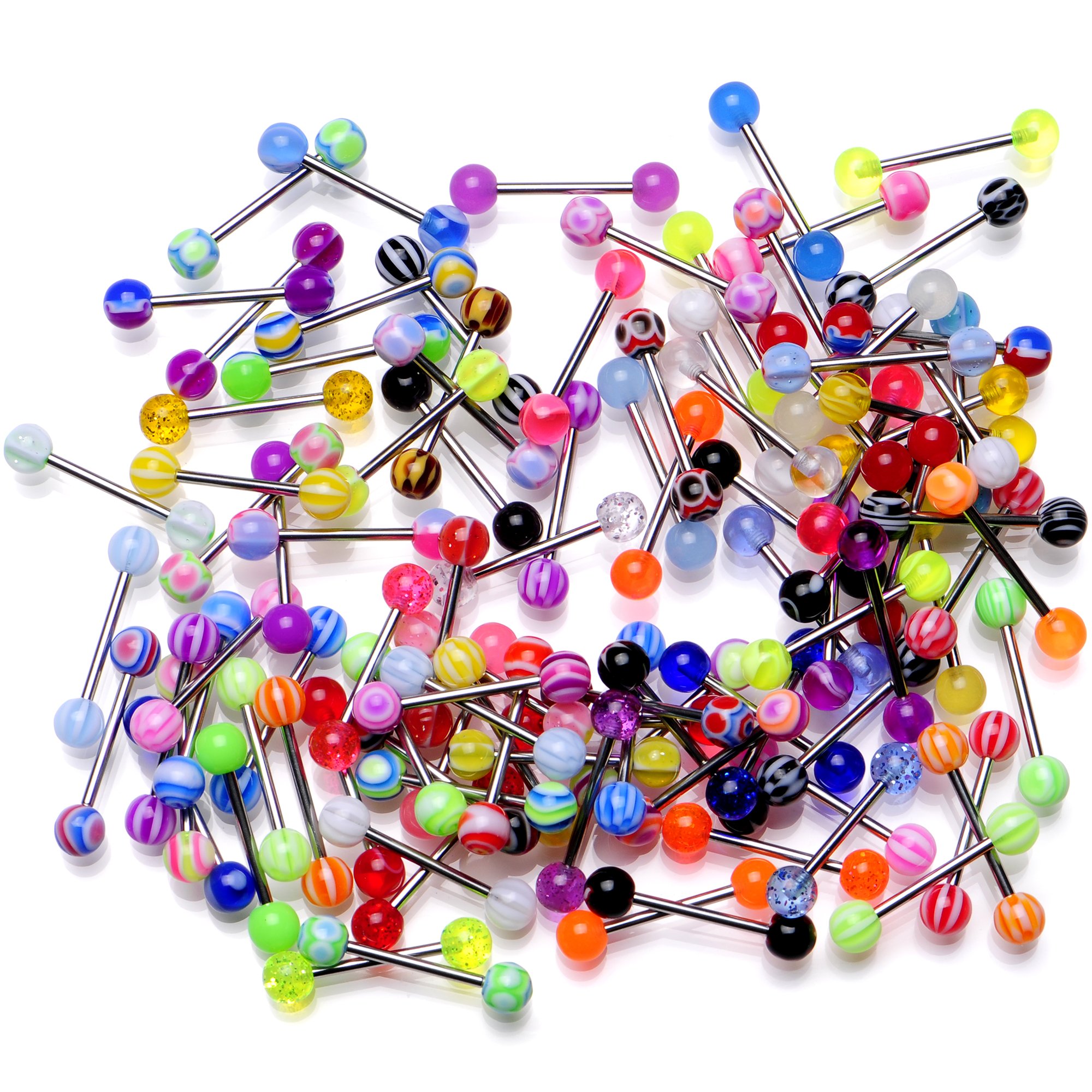 Body Candy 100 Different Stainless Steel UV Acrylic Ball Barbell Tongue Rings 14 Gauge 5/8"