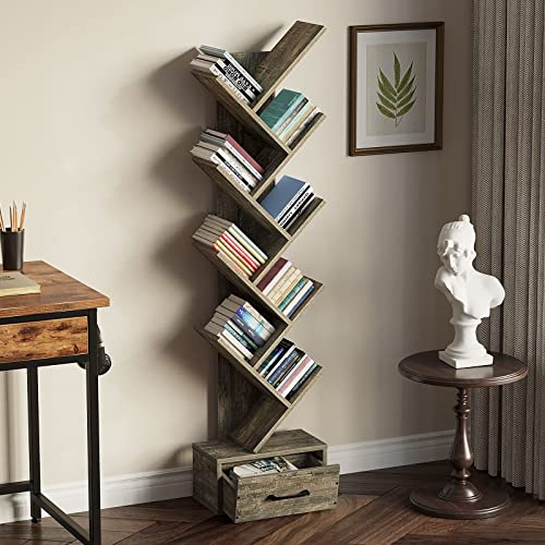Rolanstar Bookshelf with Wooden Drawer, 9 Shelf Tree Bookshelf, Modern Book Storage, Free Standing Tree Bookcase, Utility Organizer Shelves for Home Office, Living Room, Bedroom, Grey