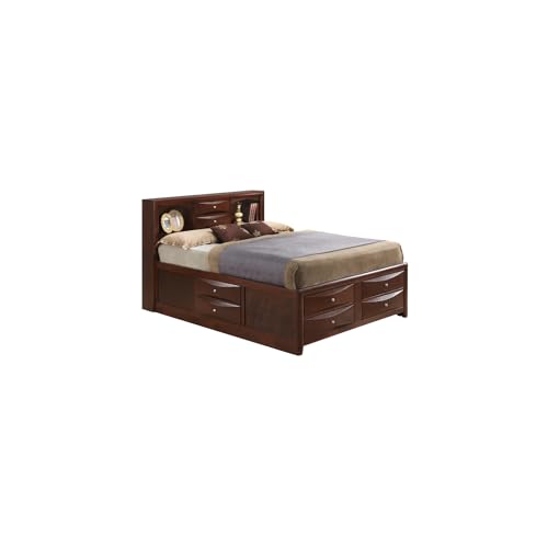 HomeStock Beachy Boho Low-Profile Storage Bed - Cherry Finish with Dovetailed Drawers and Open Shelves for Stylish Bedroom Organization Queen
