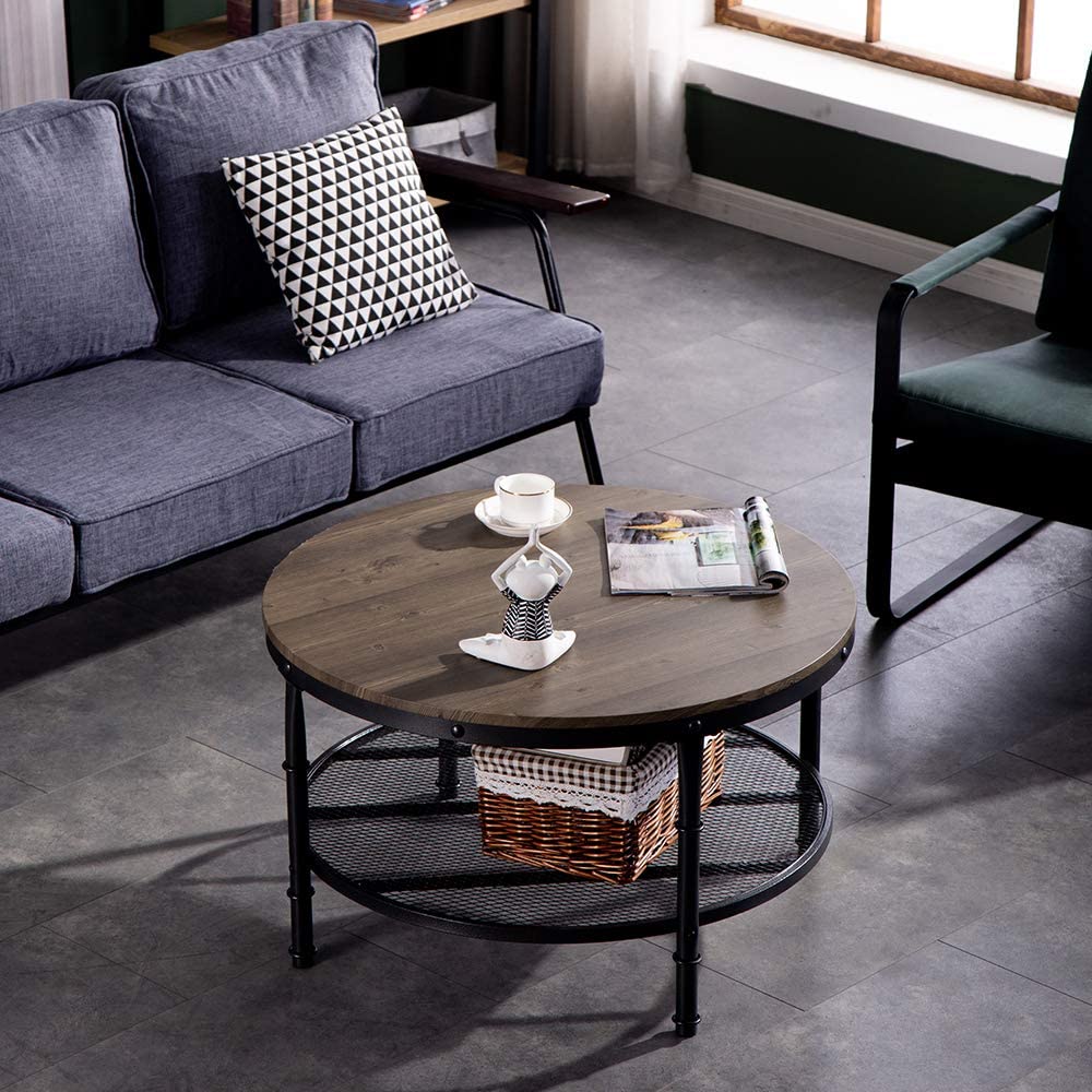 Bonnlo Circle Coffee Table, 31.5" Small Round Coffee Table Industrial Coffee Table Round Farmhouse Coffee Table in 2-Tier, Coffee Table with Storage Wire Coffee Table Lobby Coffee Table, Rustic