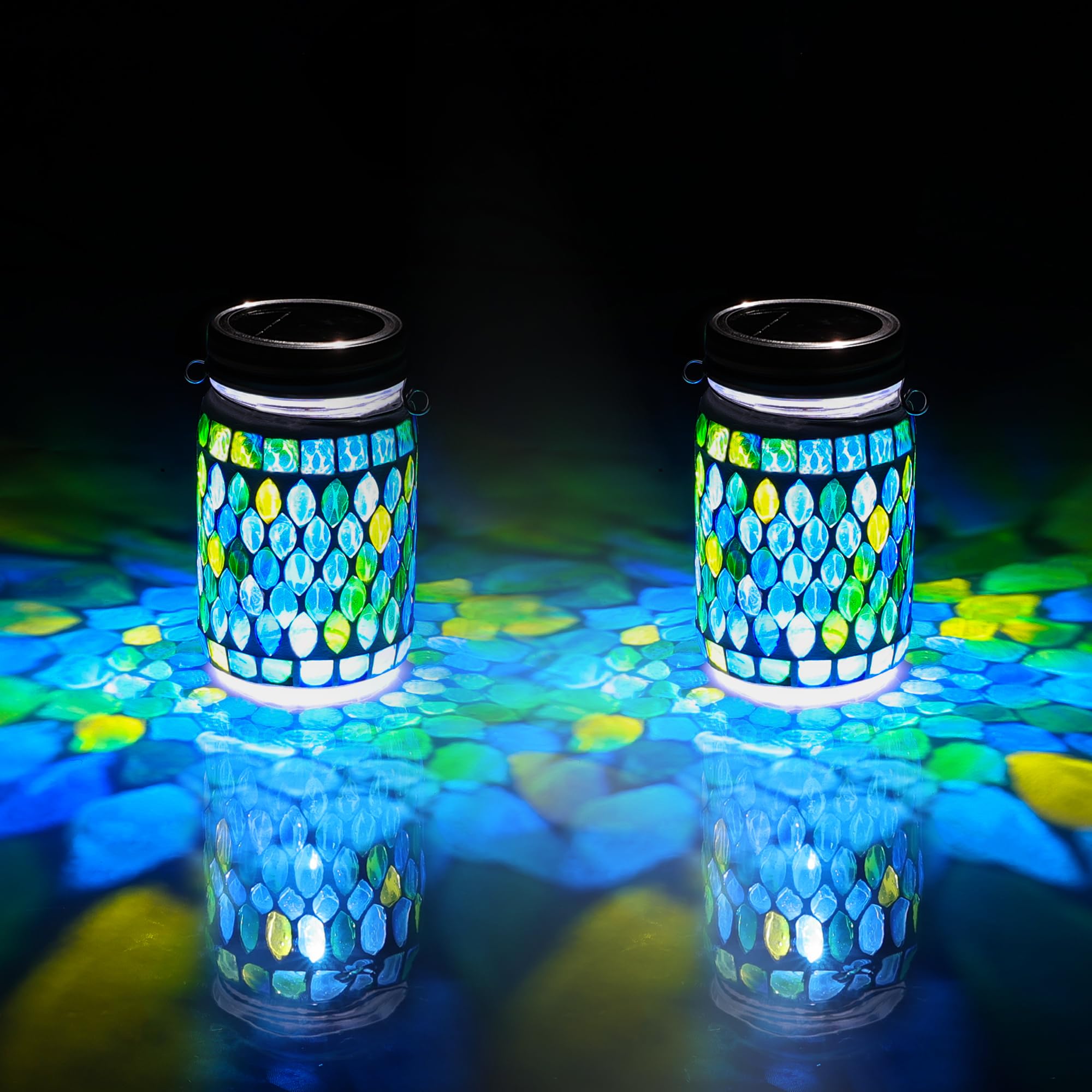 Cooo Solar Lanterns Outdoor Waterproof Jar Lights Solar Powered Table Hanging Garden Backyard Decor Lamps (Bohemian Bule Mosaic, 2)