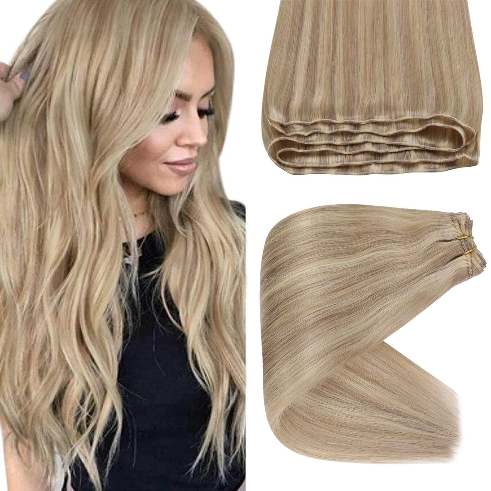 Sunny Sew in Hair Extensions Blonde Hair Extensions Weft Real Human Hair Dark Ash Blonde Mix Golden Blonde Weft Hair Extensions Human Hair Blonde Sew in Human Hair Extensions for Wedding 18inch 100g