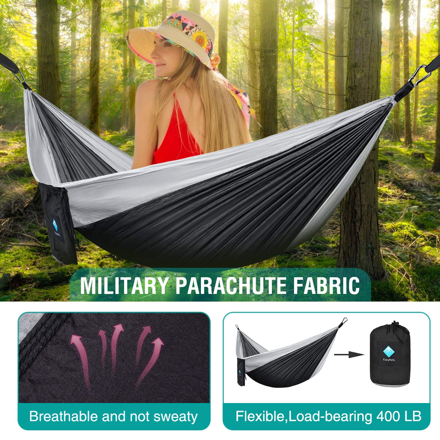 Camping Hammock, Single Hammocks Portable Parachute for Outdoor Hiking Travel Backpacking - 210D Nylon Hammock Swing for Backyard & Garden 55''W*108''L (Black/Gray)
