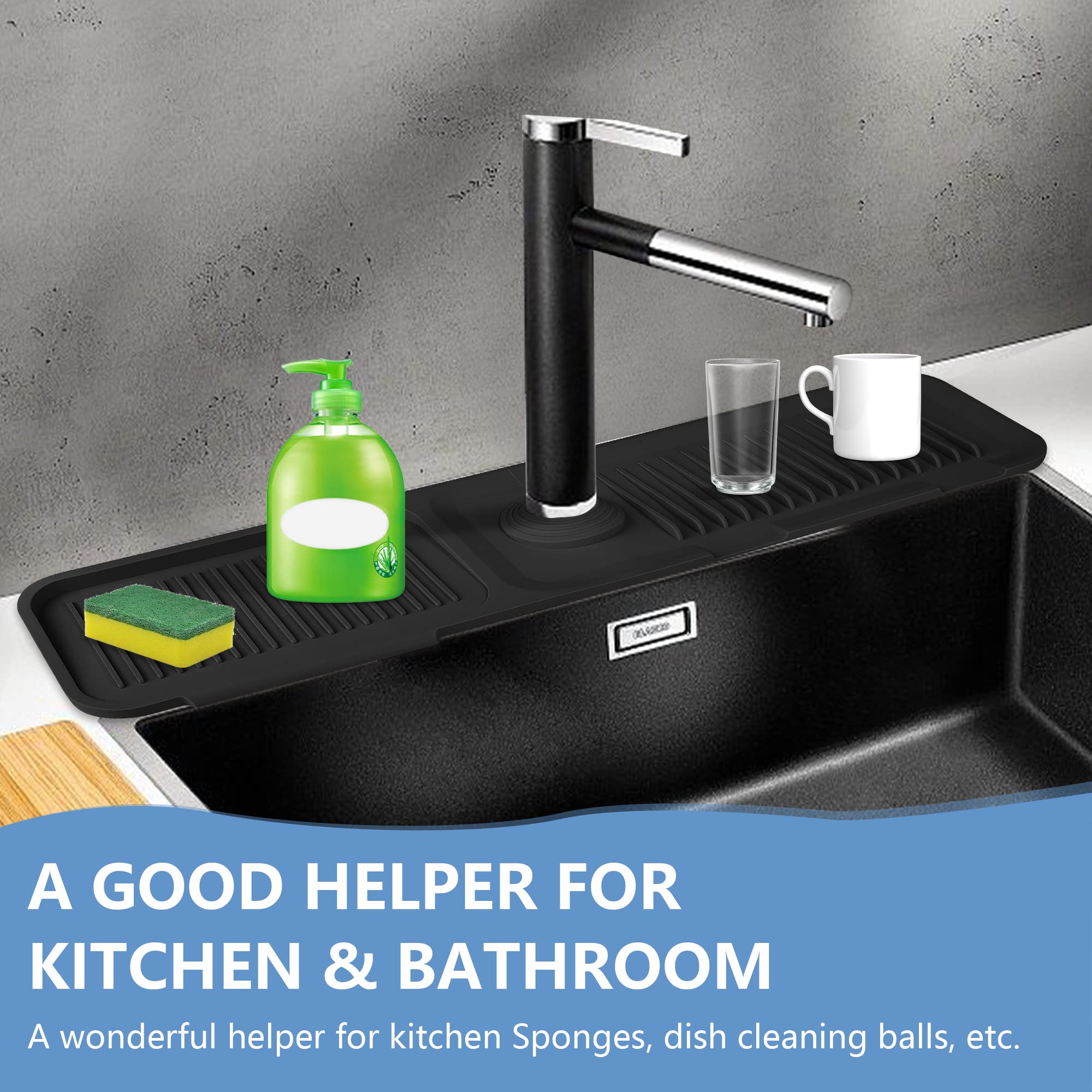 Burfocus Kitchen Sink Splash Guard, Silicone Faucet Handle Drip Catcher Tray Silicone Faucet Mat Kitchen Sponge Holder for Kitchen Sink Accessories Sink Protectors for Kitchen Sink (Black24" x 5.5")