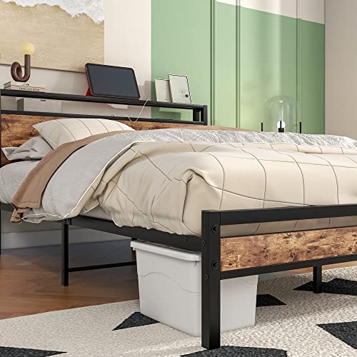 HOJINLINERO Bed Frame Queen Size with Storage Headboard/Power Outlets/USB Ports Charging Station,Metal Bed Frame Queen Size No Box Spring Needed,Under Bed Storage,Easy Assembly,Rustic Brown