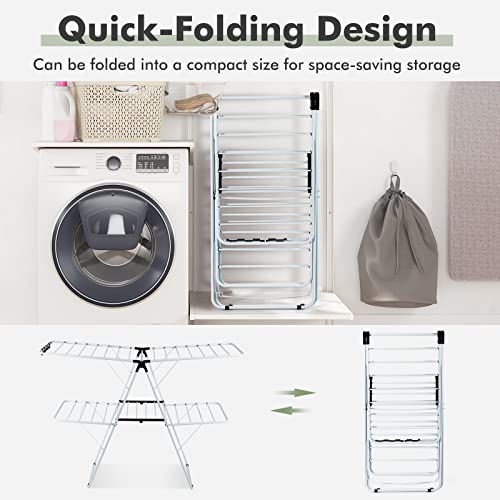 GOFLAME 2-Tier Clothes Drying Rack, Folding Laundry Dry Rack with Adjustable Supporting Bar, 26 Premium Clips, Space-Saving & Collapsible Laundry Hanger for Easy Storage, No Assembly Needed