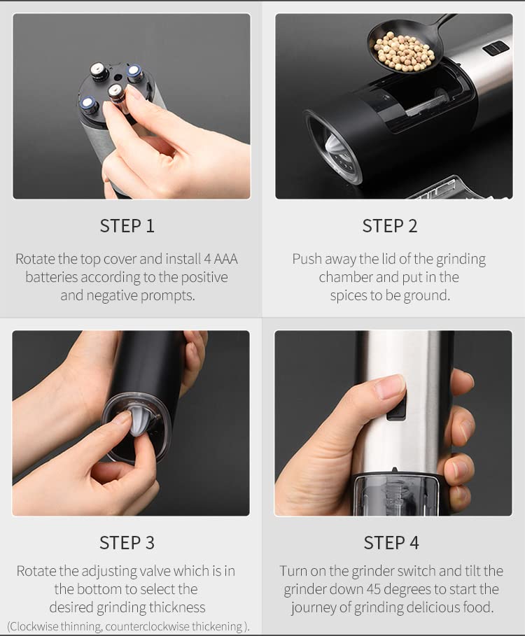 Gravity Electric Salt and Pepper Grinder Set Battery Operated,One Hand Operation Automatic salt and pepper grinder set,Electric Salt and Pepper Shakers with LED Light,Adjustable Coarseness(2 PCS)