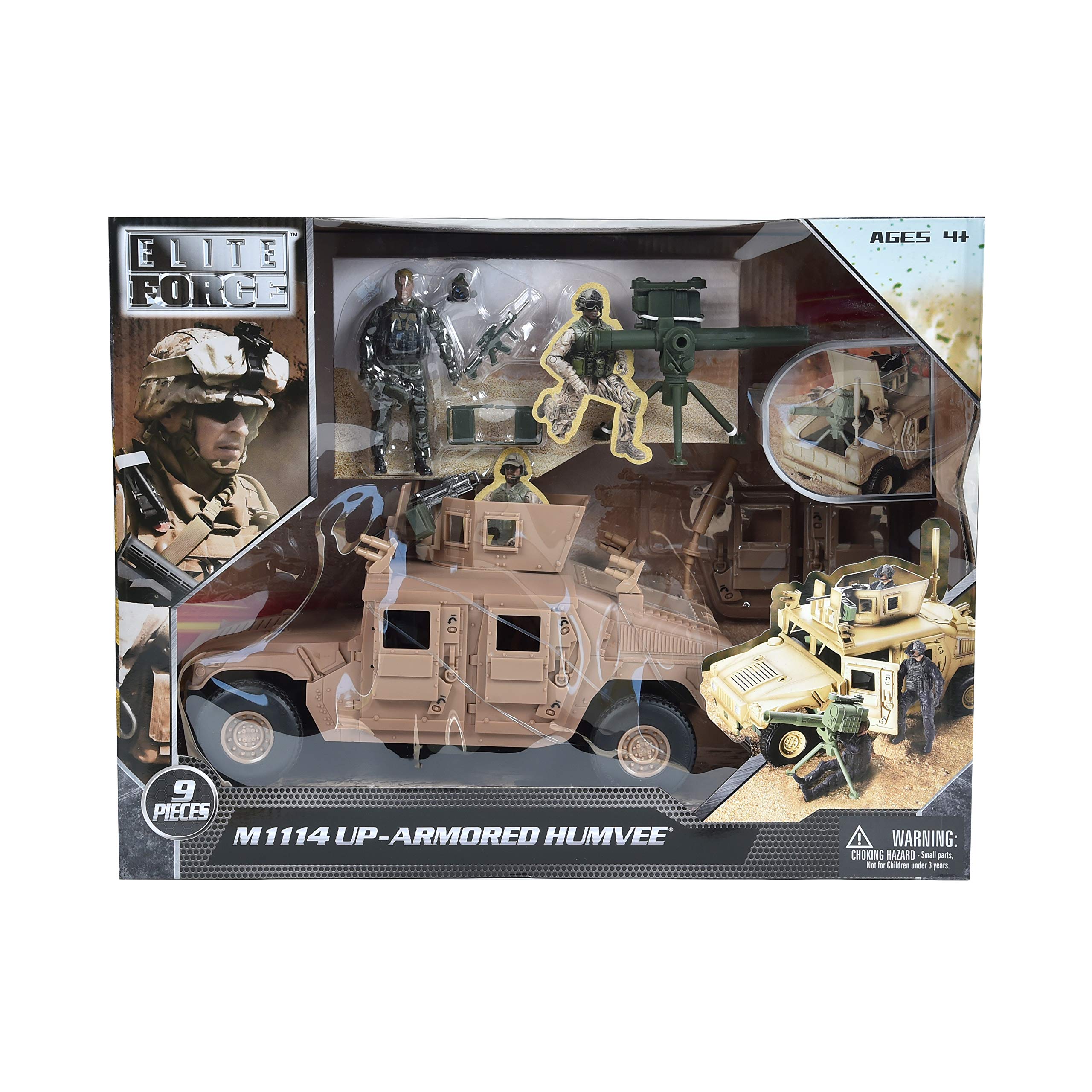Sunny Days Entertainment M1114 Up-Armored Humvee โ Vehicle Playset with Action Figure and Realistic Accessories | 9 Piece Military Toy Set for Kids โ Elite Force