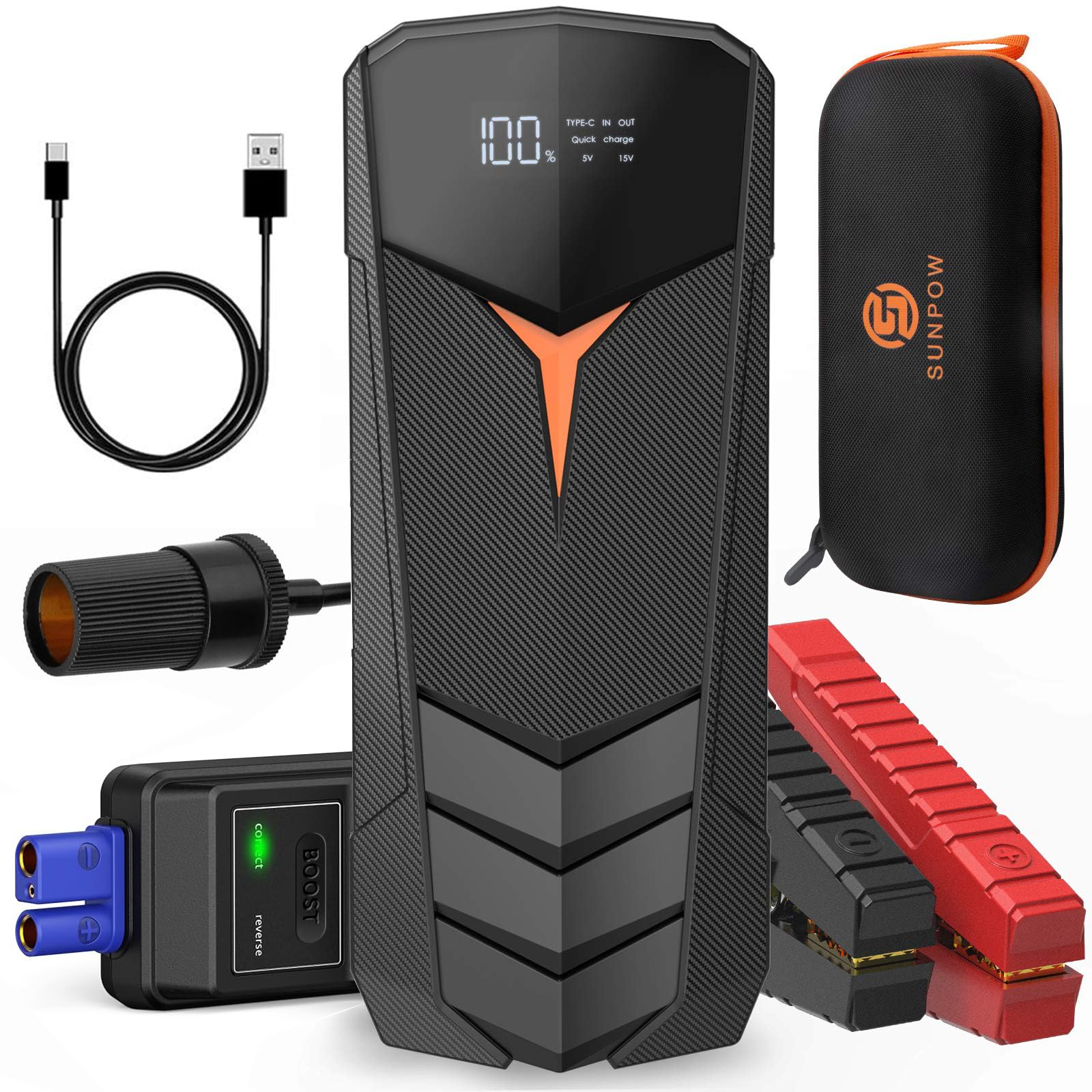 SUNPOW Lithium Jump Starter Battery Pack 2000A Peak 20000mAh (Up to All Gas and 8.5L Diesel),12V Battery Booster for Cars, Trucks, SUV, Portable Power Pack with LCD Screen & LED Light