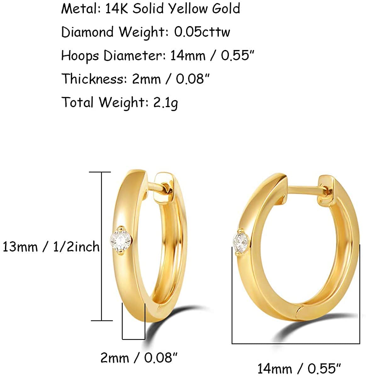 Carleen 14k Solid Real Gold 0.10cttw Diamond Small Tiny Mini Huggie Cartilage Hoop Earrings Women, 14mm (White Gold)