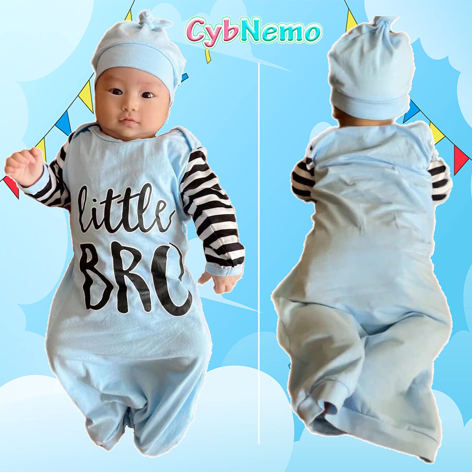 CybNemo Newborn Baby Boy Sleeper Gift Set Little Bro Nightgown Stripe Long Sleeve Infant Sleepwear Outfit Sky Blue