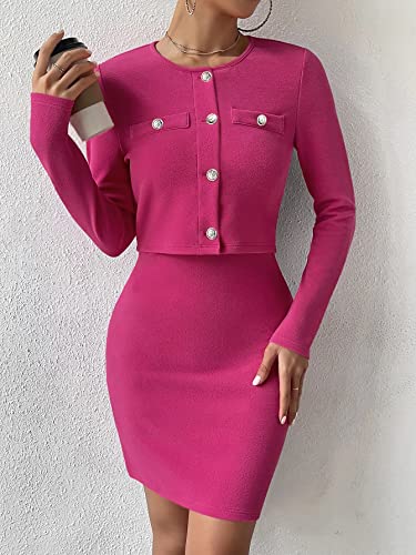Floerns Women's 2 Piece Outfit Button Front Jacket Blazer with Bodycon Cami Dress Hot Pink M