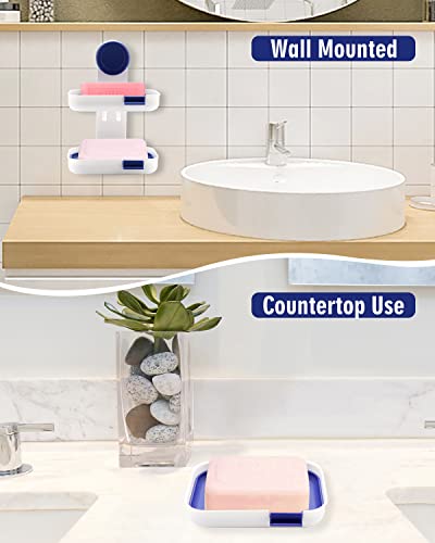 MOVNO Double Layer Soap Dish Soap Holder for Shower Wall, Sponge and Bar Soap Holder Saver for Bathroom Gadgets, Soap Container with Draining Tray Soap Case for Bathroom and Kitchen(Blue)