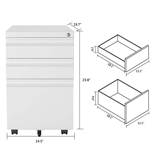 Bonnlo White 3 Drawer File Cabinet with Lock, Rolling File Cabinet for Home Office, Locking File Cabinet Under Desk Filing Cabinet Mobile Office Drawers with Pencil Tray, Assembly Required, 23.6" H