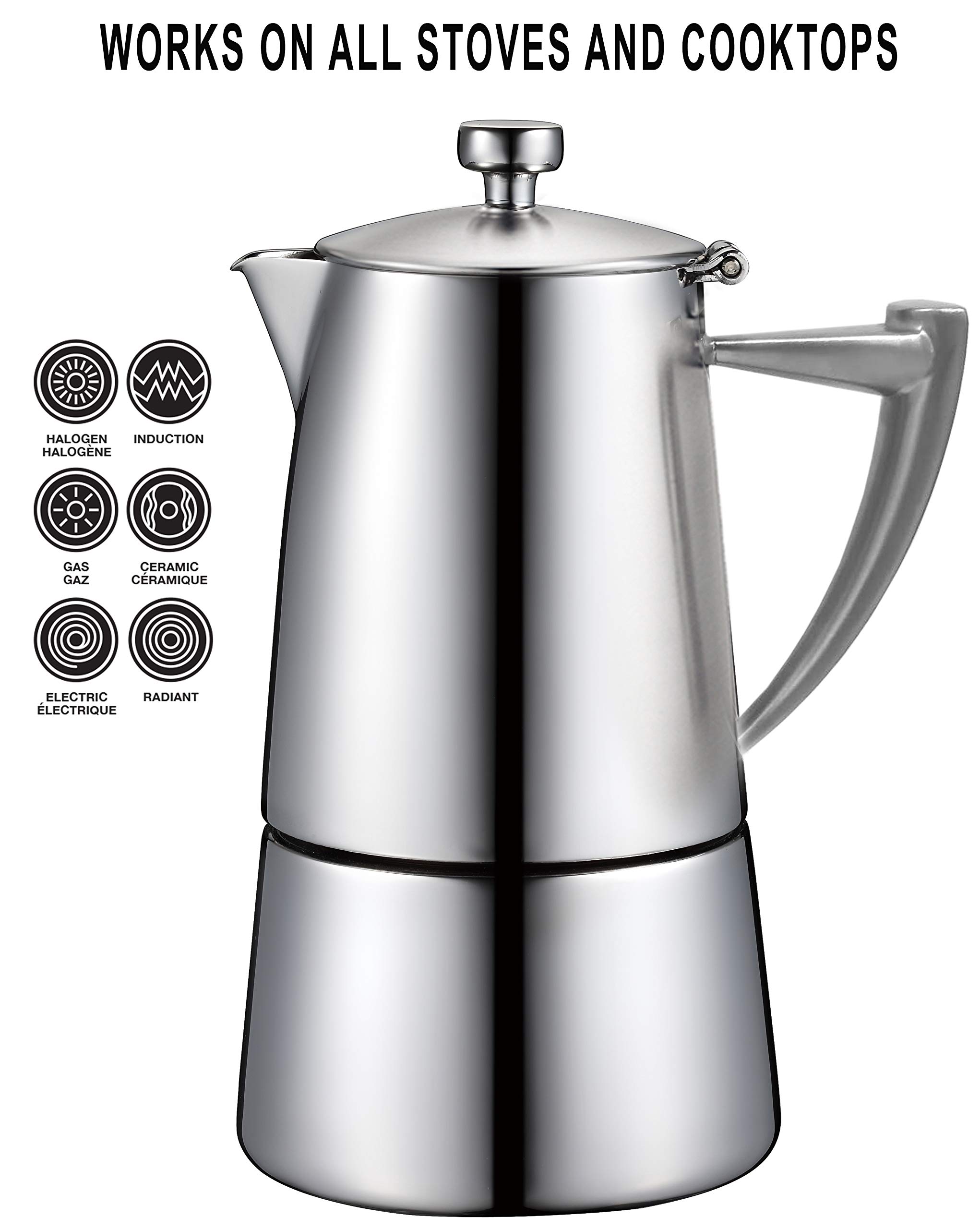 CUISINOX Roma Satin Stainless Steel Moka Pot Stovetop Espresso Maker, 6-Cup