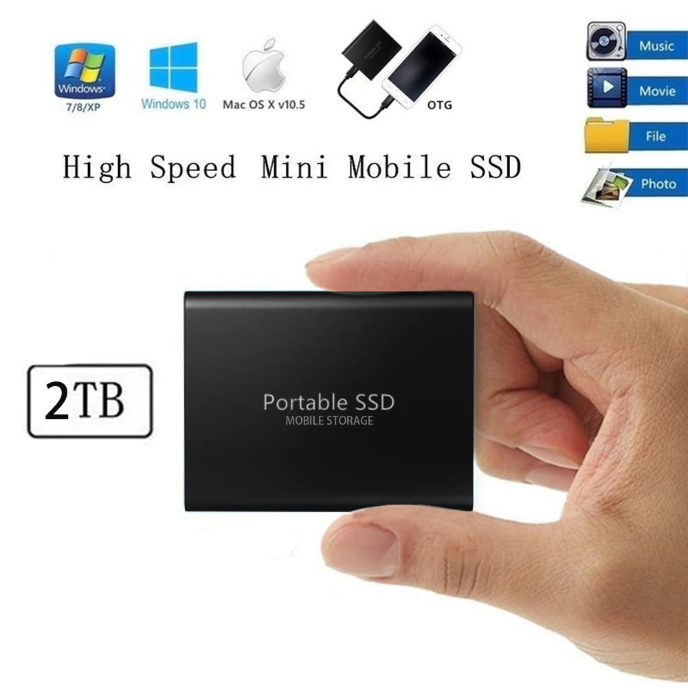 DIZIBK External Hard Drive 2TB Portable Hard Drive Mobile SSD Solid State Drive Slim Storage Drive with USB 3.0 C Port for PC, Laptop and Mac for Data Transfer and Storage (Black)