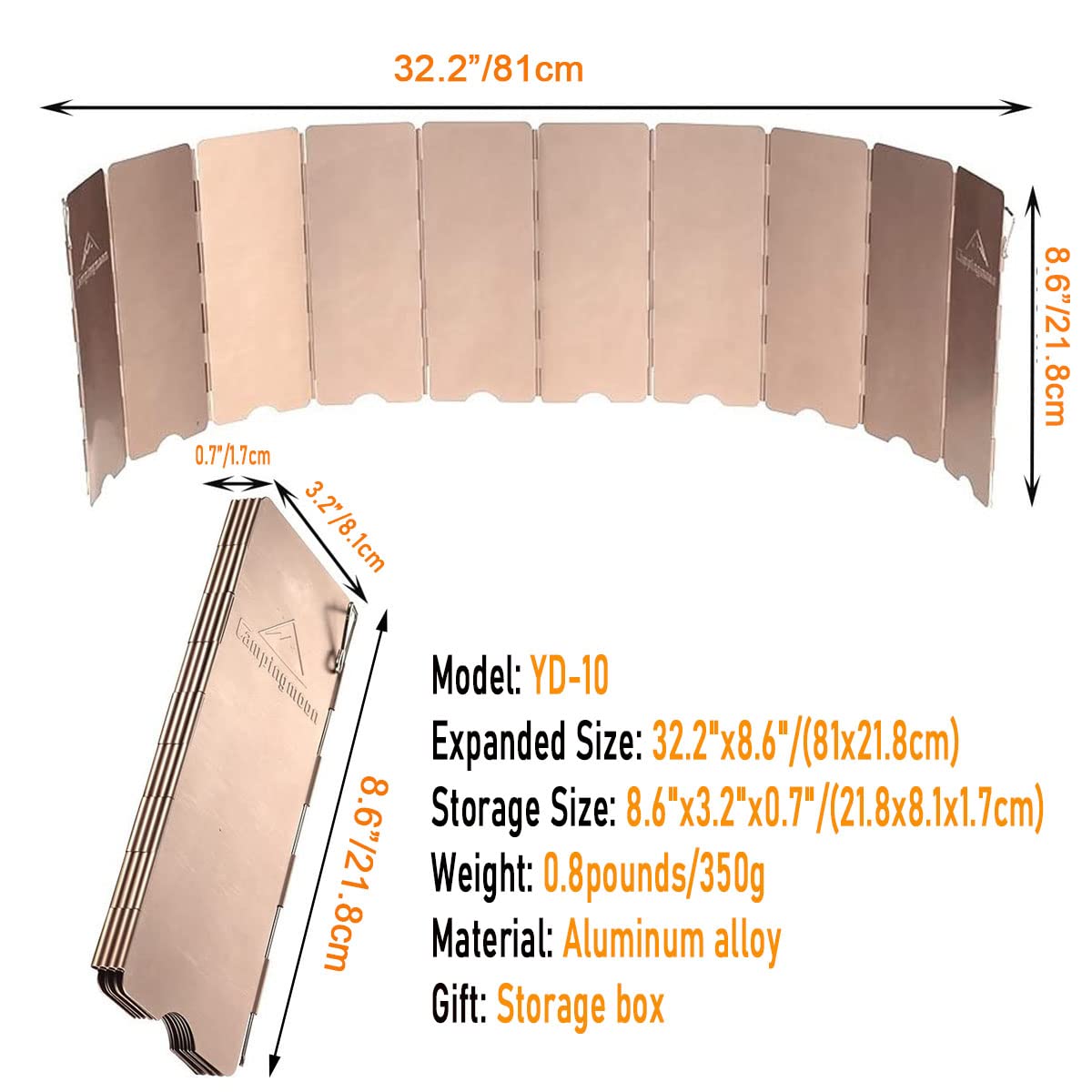 Campingmoon Camping Windscreen, Outdoors Stove Windshield, 10 Plates Aluminum Burner Windshield, Folding Grill Wind Blocker w/Carrying Box, YD-10