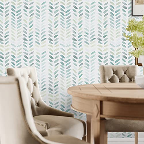 Green and White Wallpaper Peel and Stick Wallpaper Boho Contact Paper for Cabinets Leaf Wallpaper for Bedroom Self-Adhesive Removable Wallpaper Herringbone Wallpaper Drawer Kids Wallpaper 17.3βΓ78.8β
