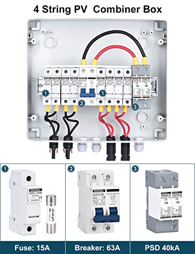 DIHOOL 4 String PV Solar Combiner Box for Solar Panels 10 Amp Fuse UV-Proof IP65 Waterproof Box DC500V