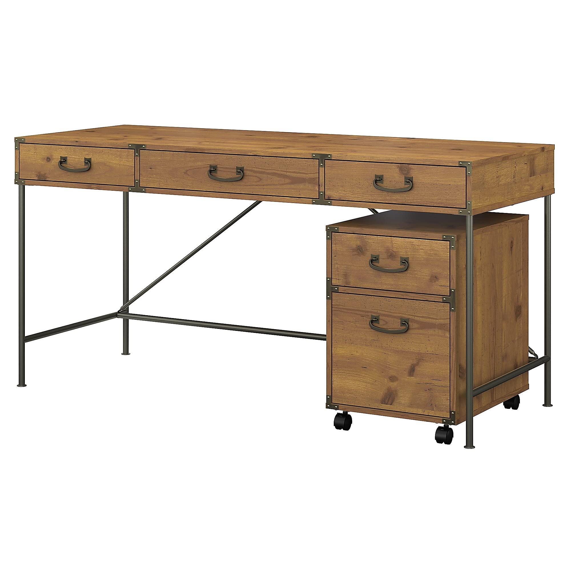 Bush Furniture Ironworks Writing Desk with 2 Drawer Mobile File Cabinet, 60W, Vintage Golden Pine