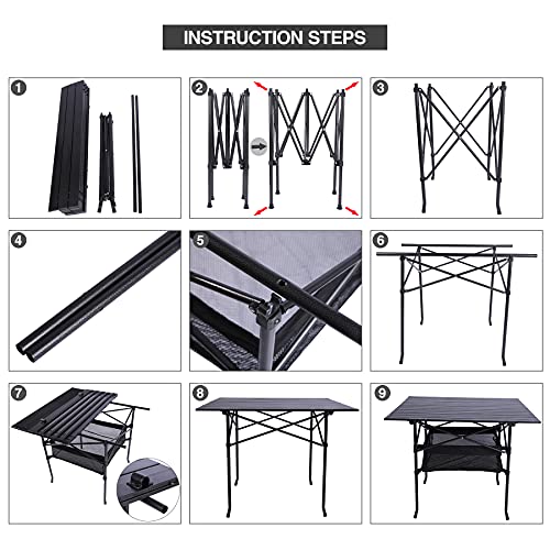 CAMPMOON Aluminum Camping Table Roll Top with Mesh Storage, Folding Lightweight Roll Up Table Square for Outdoor Camping Grill, Black, 34.6X34.6 Inch