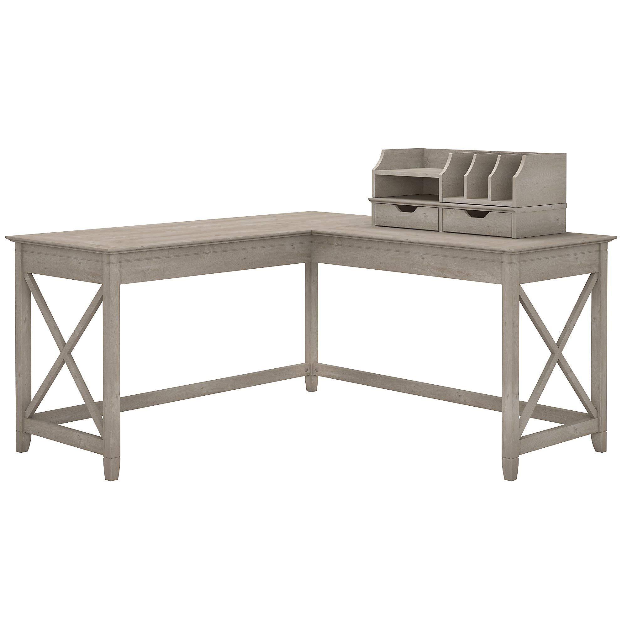 Bush Furniture Key West 60W L Shaped Desk with Desktop Organizers in Washed Gray