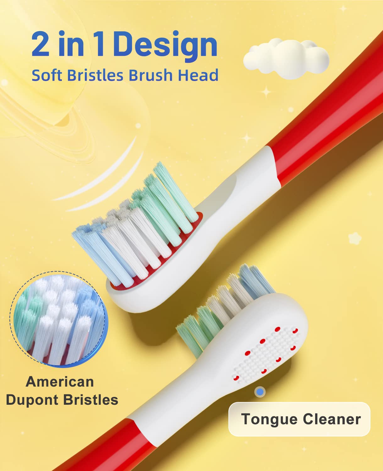 JTF Kids Electric Toothbrush-for Ages 3-12, Rechargeable Electric Toothbrushes, Wireless Fast Charge & Long Battery Lasting for 60 Days,with Smart Timer 3 Modes & 2 Kids Size Brush Heads, Red…