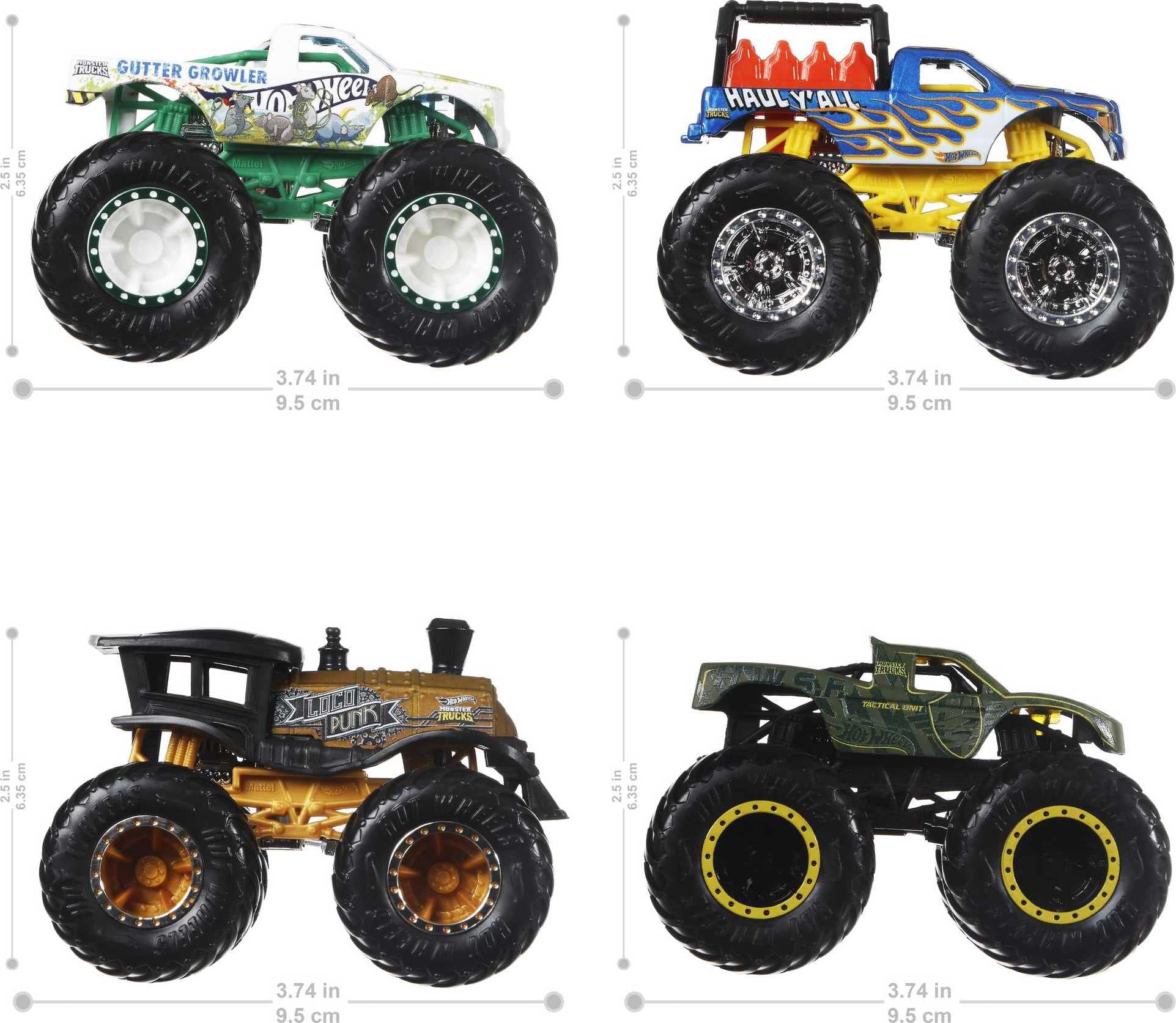 Hot Wheels Monster Trucks 4-Pack, 1:64 Scale Set of 4 Toy Vehicles with Giant Wheels for Kids & Collectors (Styles May Vary)
