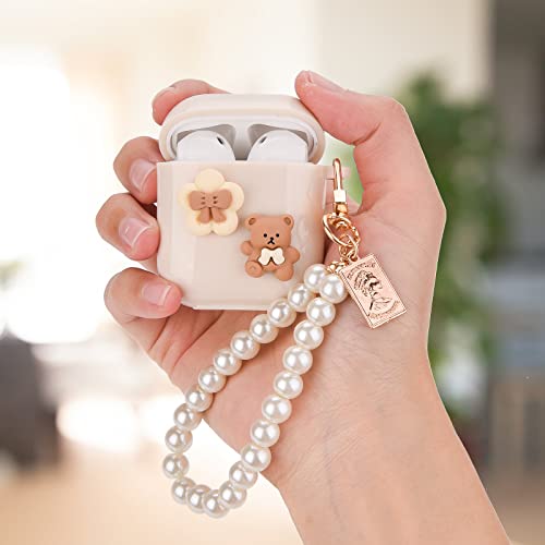 Mainrenka Cute Kawaii AirPods 2nd 1st Generation Case Aesthetic for Women and Girls with Pearl Chain Smooth Soft Protective Cover