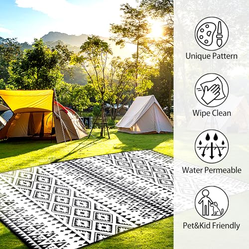 DiiKoo Outdoor Rug Mat for Patio, 6x9ft Waterproof Reversible Plastic Straw Rugs, Camping Carpet Area Mats for RV, Porch, Deck, Backyard, Balcony, Camper, Picnic, Beach, Trailer, Black & White