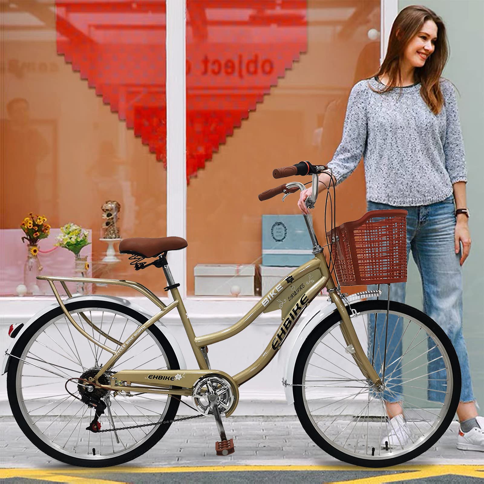 Cruiser Bike 7 Adjustable Speeds 26-Inch with Grocery Basket Adjustable Seat & Handle - Semi-Assembled Suitable for Road Riding & Beach Riding Commuter Bikes