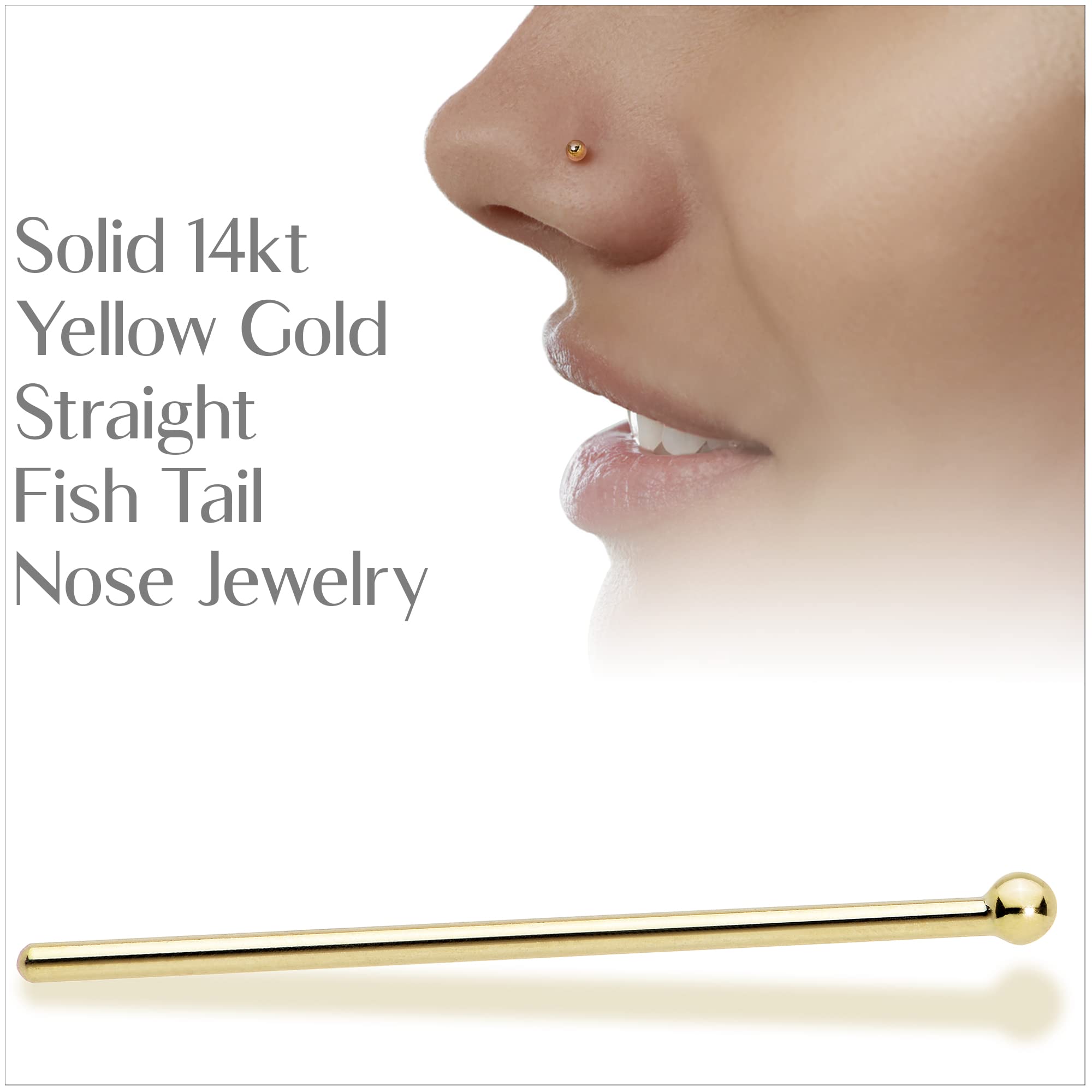 Body Candy Solid 14k Yellow Gold 1.5mm Ball Straight Fishtail Nose Stud Ring 20 Gauge 17mm