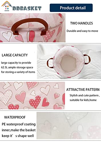 DDBASKET Kids Laundry Basket Baby Hamper Pink Toy Storage Bin Organizer with Handles for Girls,Nursery Hamper(Pink Loves)