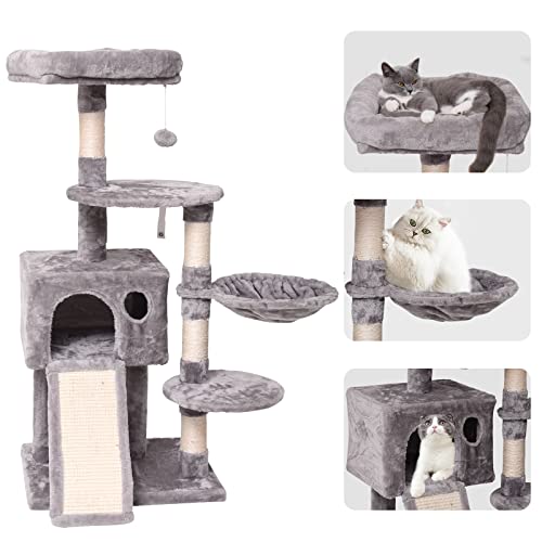 MQ Cat Tree Tower 47.3 in, Multi Level Cat Scratching Post with Condo, Ladder, Hammock & Plush Perches for Kittens, Adult Cats, Light Gray